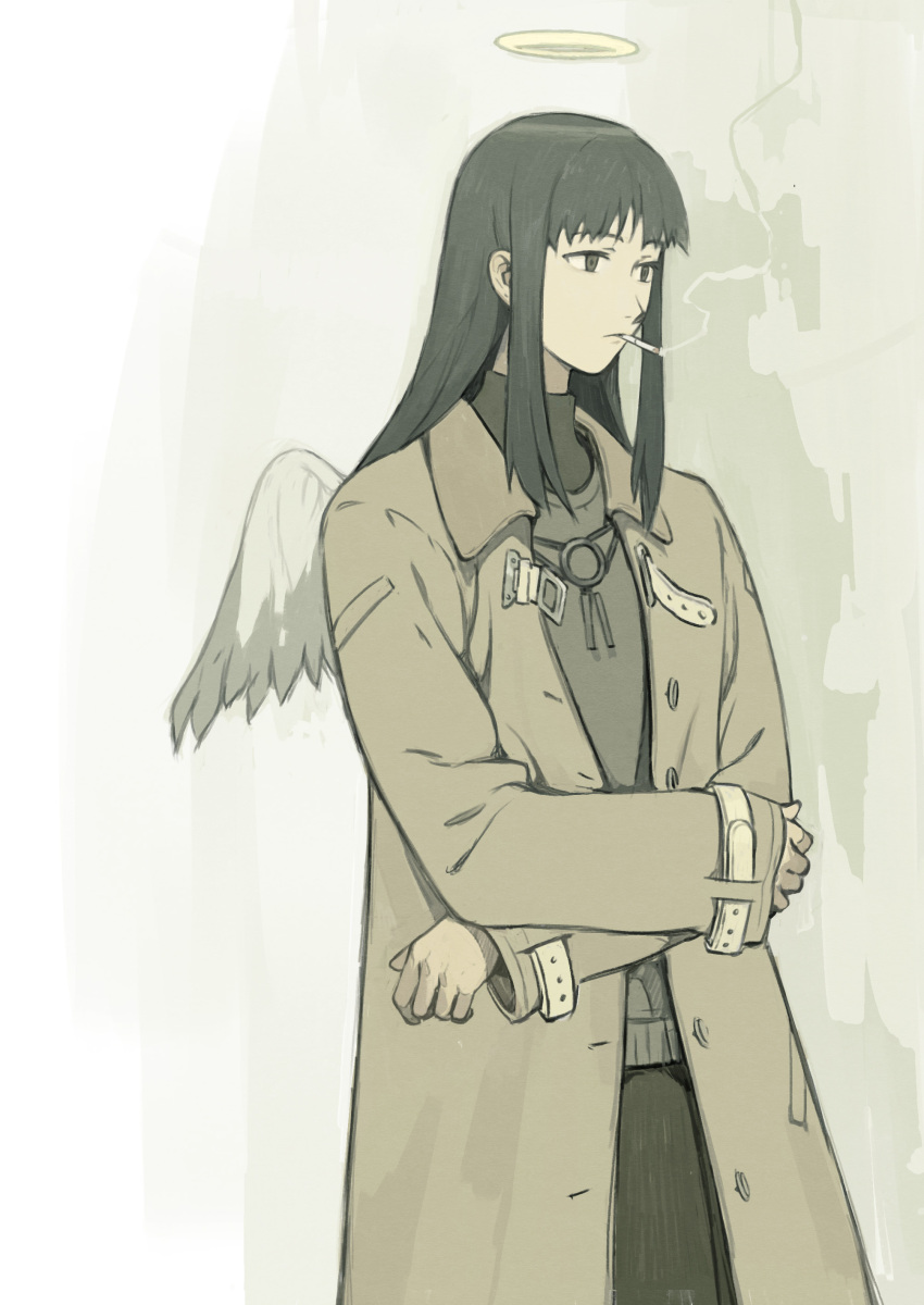 Safebooru - 1girl absurdres angel angel wings black eyes black hair brown coat chenrong96 ...