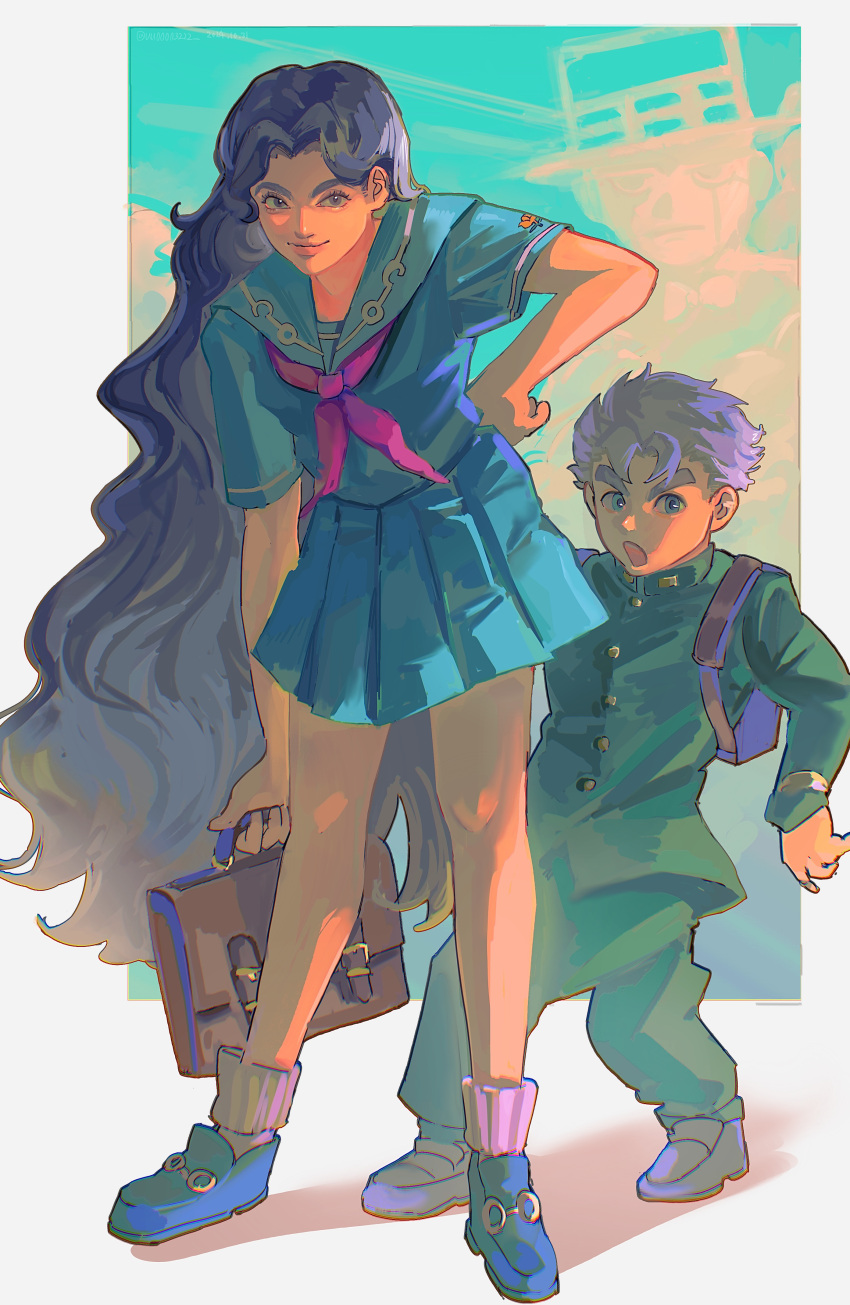 Safebooru - 1boy 1girl 2boys absurdres bag black hair clouds diamond wa ...