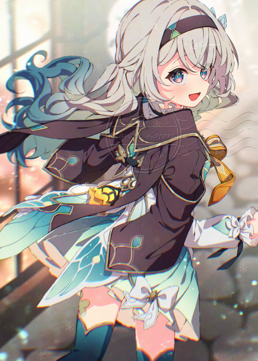 Safebooru - 1girl aqua skirt black hairband black jacket bridal gauntlets cropped jacket firefly ...