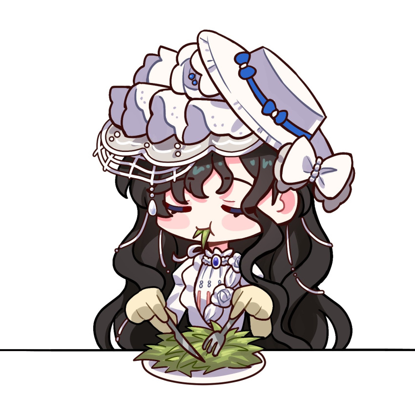 Safebooru - 1girl black hair bow chibi closed eyes dress eating fork ...