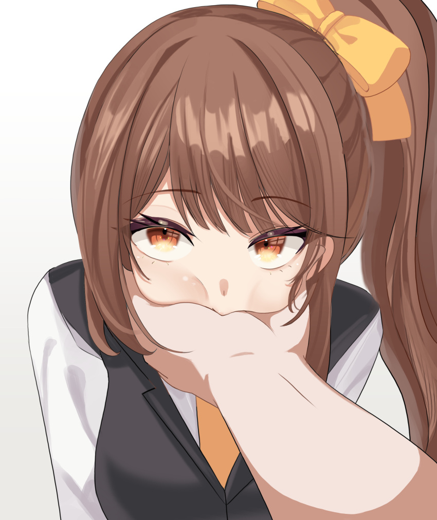 Safebooru - 1boy 1girl absurdres anguss black vest bow brown eyes brown hair cheek press ...