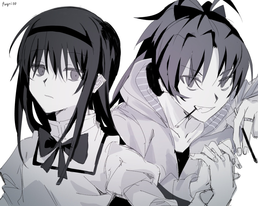 Safebooru - 2girls akemi homura axy cang food food in mouth greyscale ...