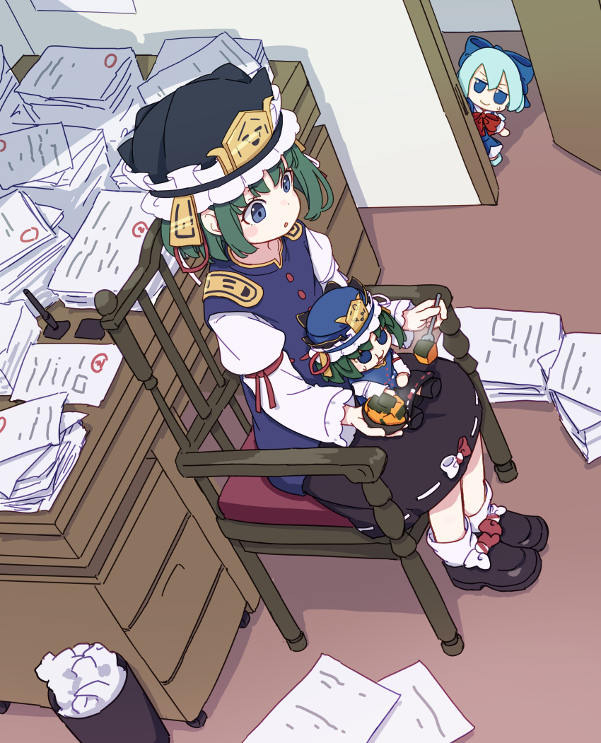 Safebooru - 3girls absurdres black footwear black skirt blue bow blue ...