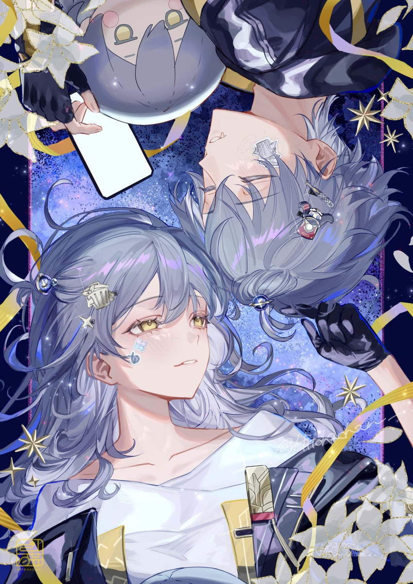 Safebooru - 1boy 1girl absurdres artist logo artist name black gloves black jacket caelus ...