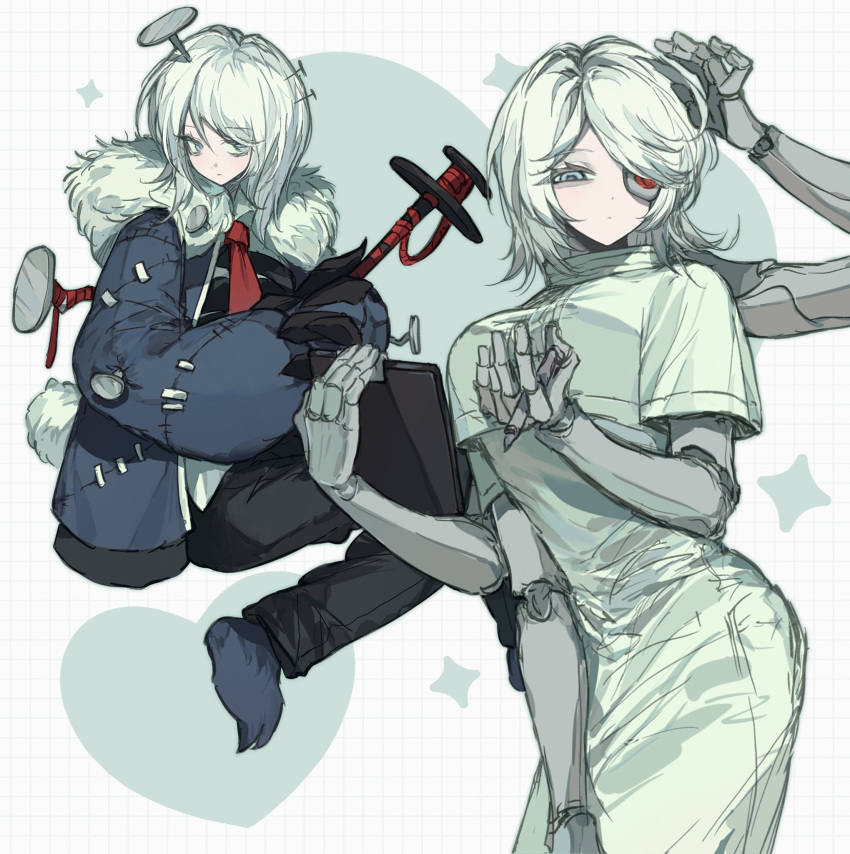 Safebooru - 2girls animal feet anzekeye artificial eye blue eyes blue jacket capelet claws dress ...