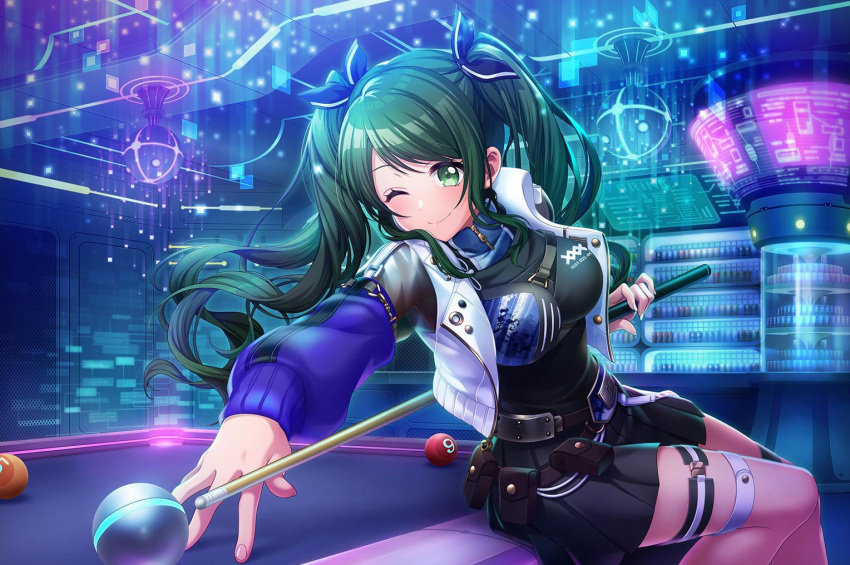 Safebooru - 1girl cue stick d4dj green eyes green hair jacket long hair official art pool ball ...