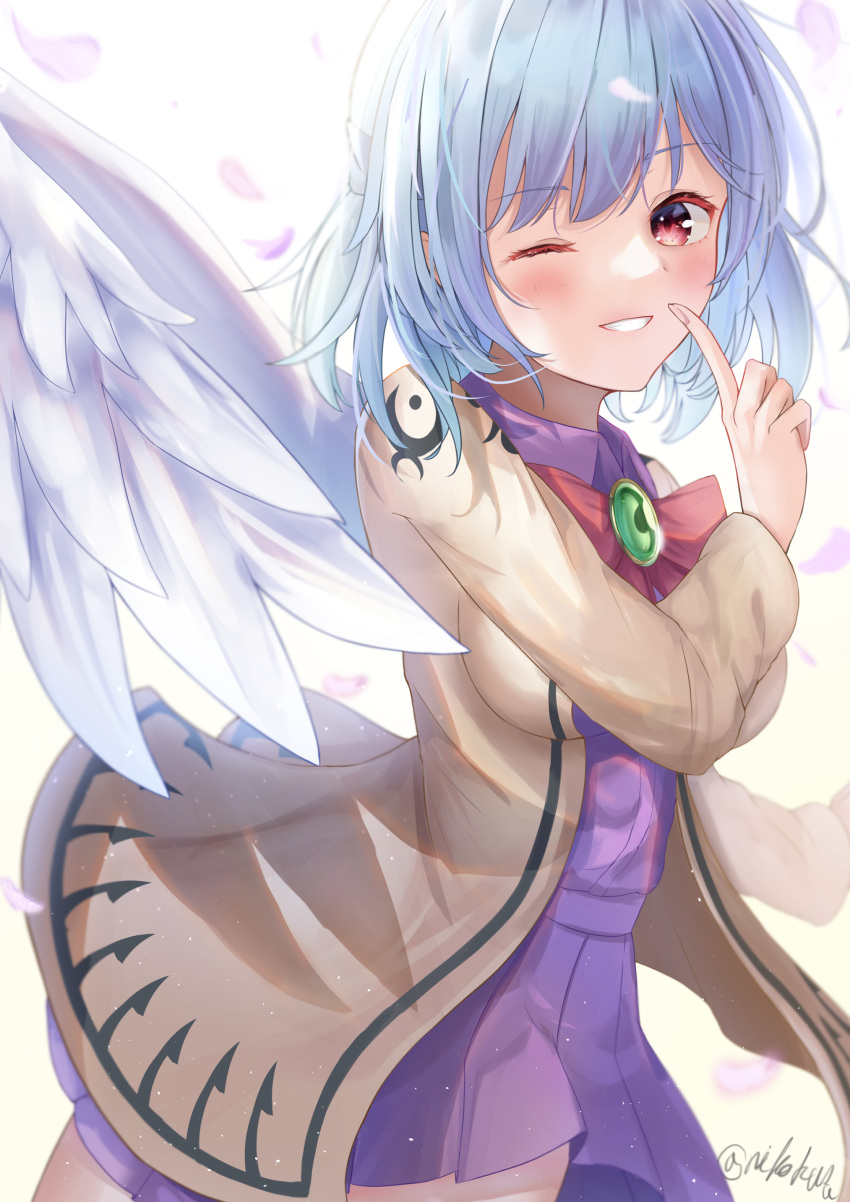 Safebooru - 1girl absurdres angel wings arm up bangs beige jacket blush ...