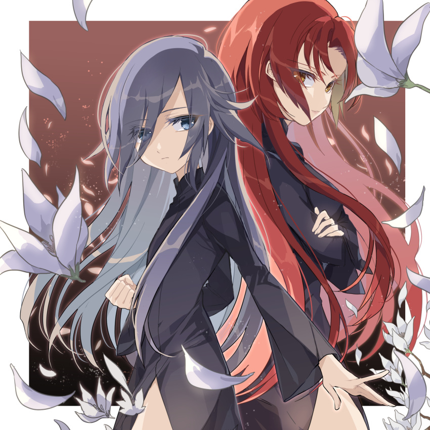 Safebooru - 2girls back-to-back bangs black dress black hair blue eyes closed mouth crossed arms ...