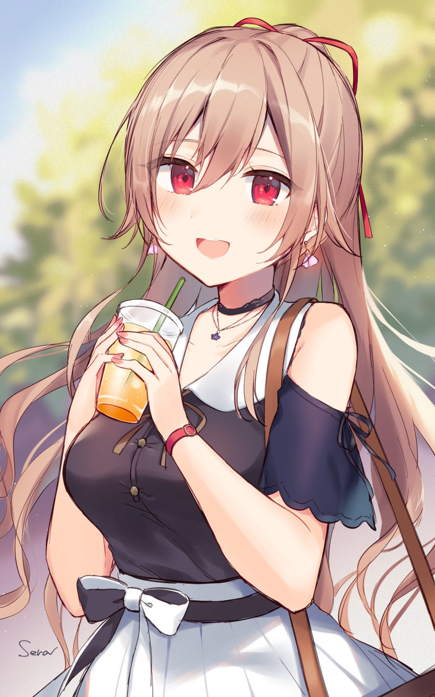 Safebooru - 1girl absurdres artist name bag bangs bare shoulders belt bow black shirt blurry ...