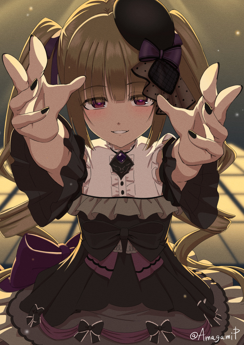 Safebooru - 1girl amagamip black dress black nails blush brown hair commentary request detached ...