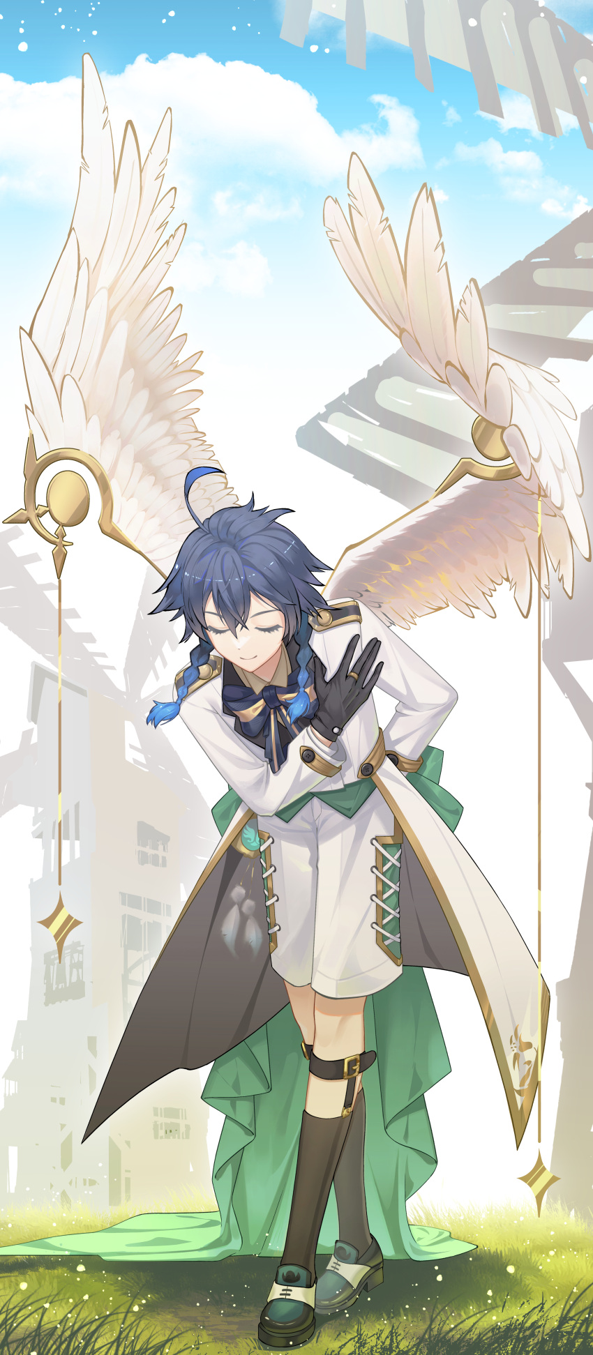 Safebooru - 1boy absurdres alternate costume aqua hair black gloves black hair black shoes black ...