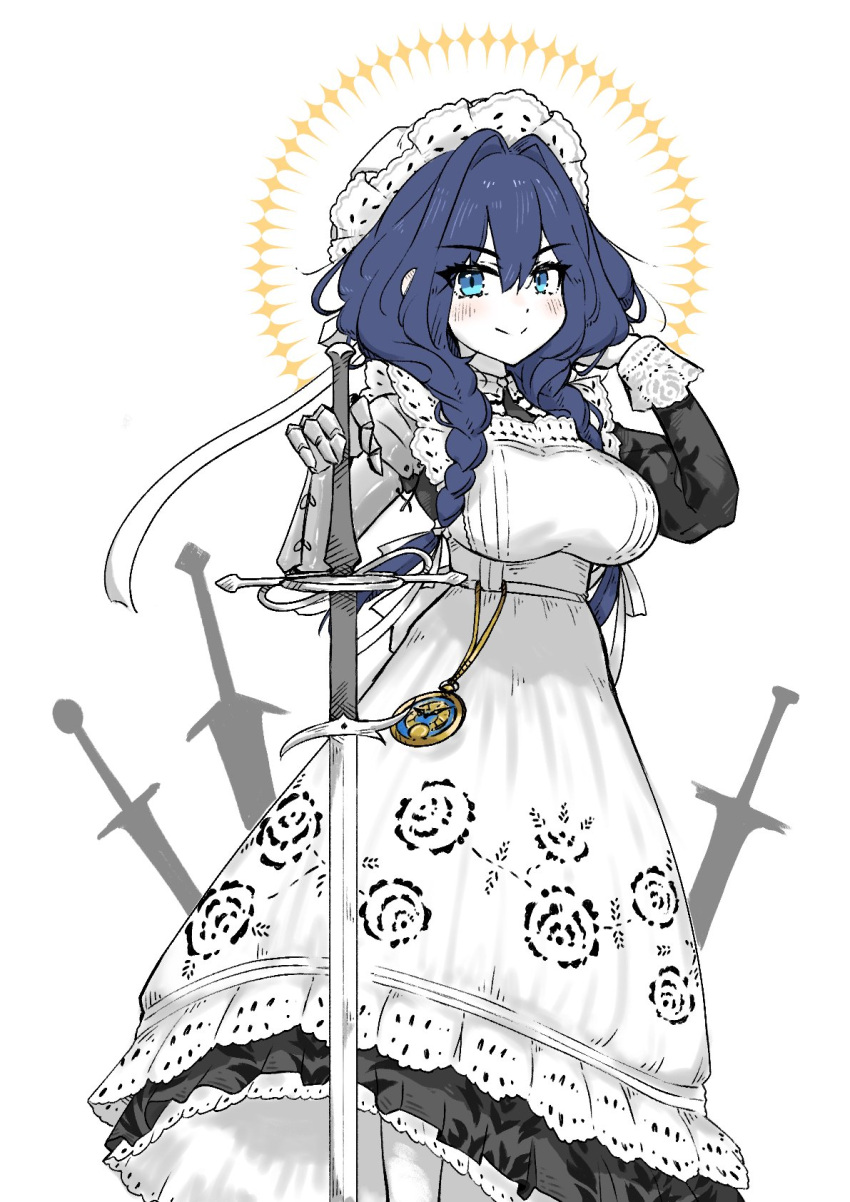 Safebooru - 1girl adjusting hair blue eyes blue hair bluenerd8 blush braid closed mouth dress ...