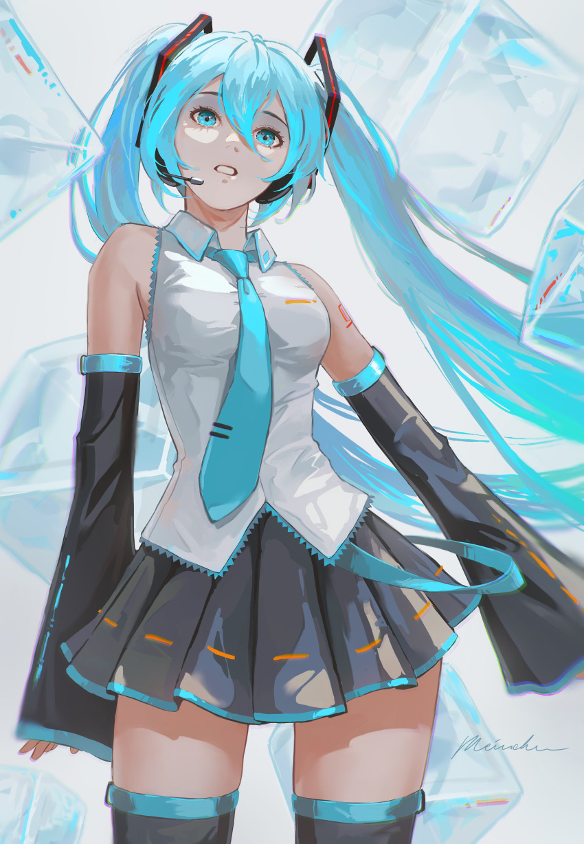 Safebooru - 1girl absurdres aqua eyes aqua hair aqua necktie aqua shirt black skirt detached ...