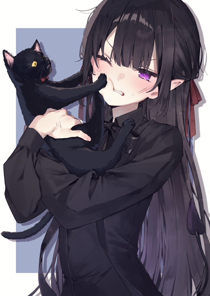 Safebooru - 1girl animal black cat black dress black hair blush borrowed character cat cheek ...