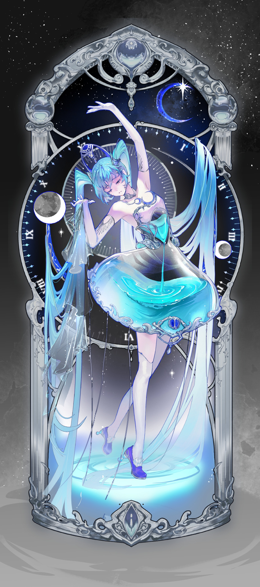 Safebooru - 1girl absurdly long hair absurdres aqua hair arm up beyourr blue hair commission ...