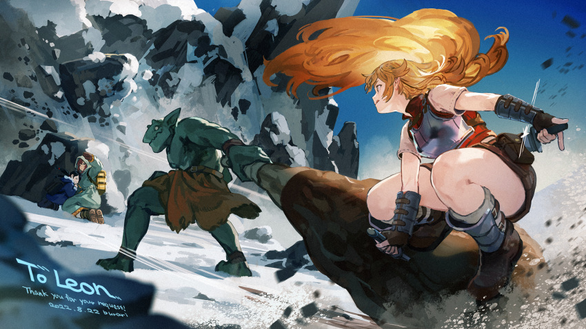 Safebooru - 1boy 3girls :q armor artist name bare legs belt pouch blonde hair blue sky blurry ...