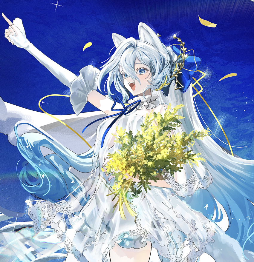 Safebooru - 1girl :d absurdres animal ears arm up blue background blue eyes blue hair blue ...