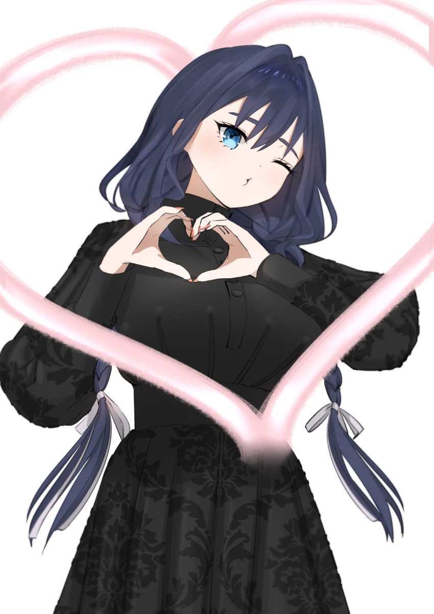 Safebooru - 1girl black dress braid commentary dress fei zhi hair ribbon heart heart hands ...