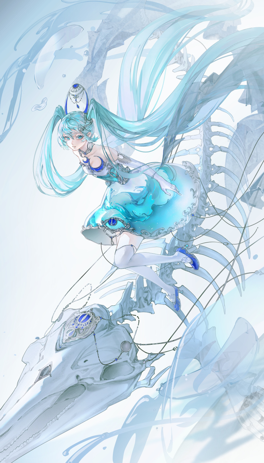 Safebooru - 1girl absurdres aqua hair bare shoulders beyourr blue dress blue eyes commission ...