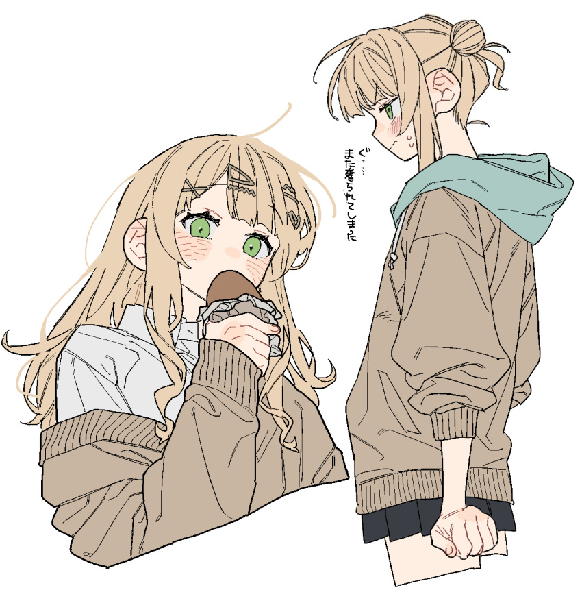 Safebooru - bad id bad pixiv id black skirt blush brown jacket closed mouth dayama eating flat ...