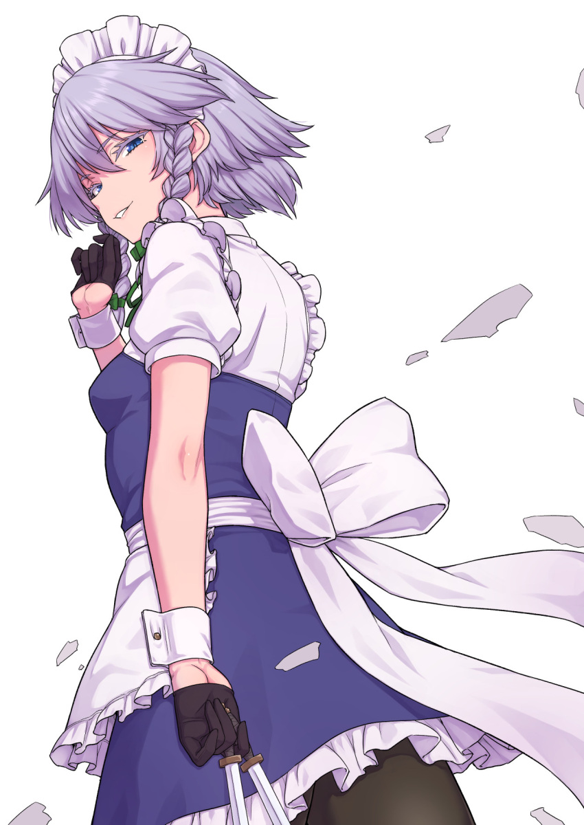 Safebooru - 1girl apron black gloves blue eyes breasts commentary gloves grey hair highres ...