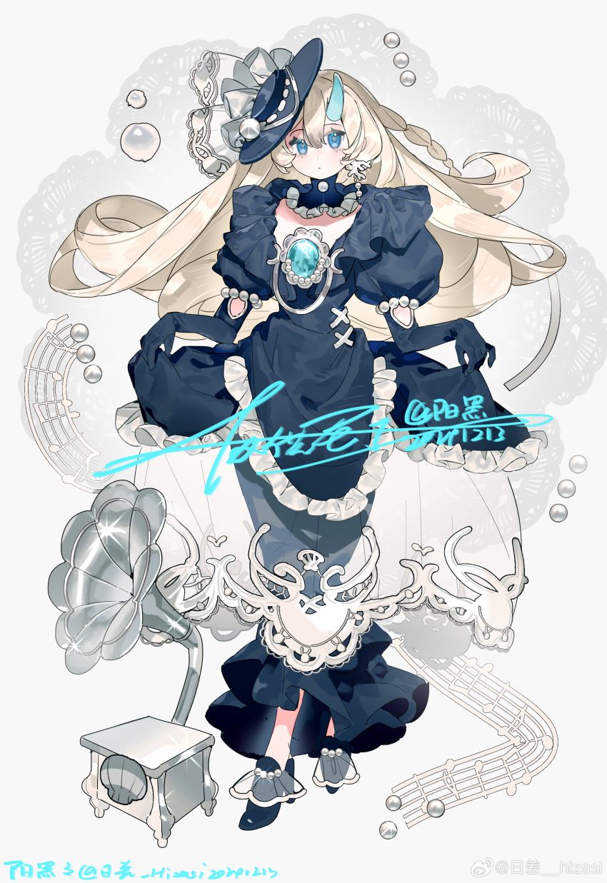 Safebooru - 1girl absurdres black dress black gloves blonde hair blue eyes bubble commission ...