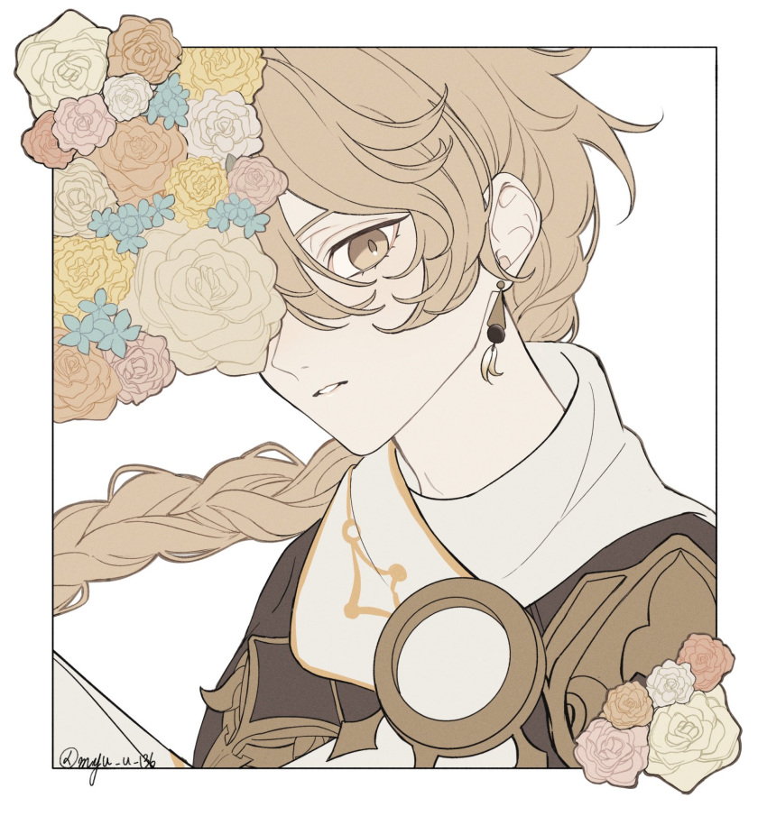 Safebooru - 1boy aether (genshin impact) armor artist name black shirt blonde hair blue flower ...