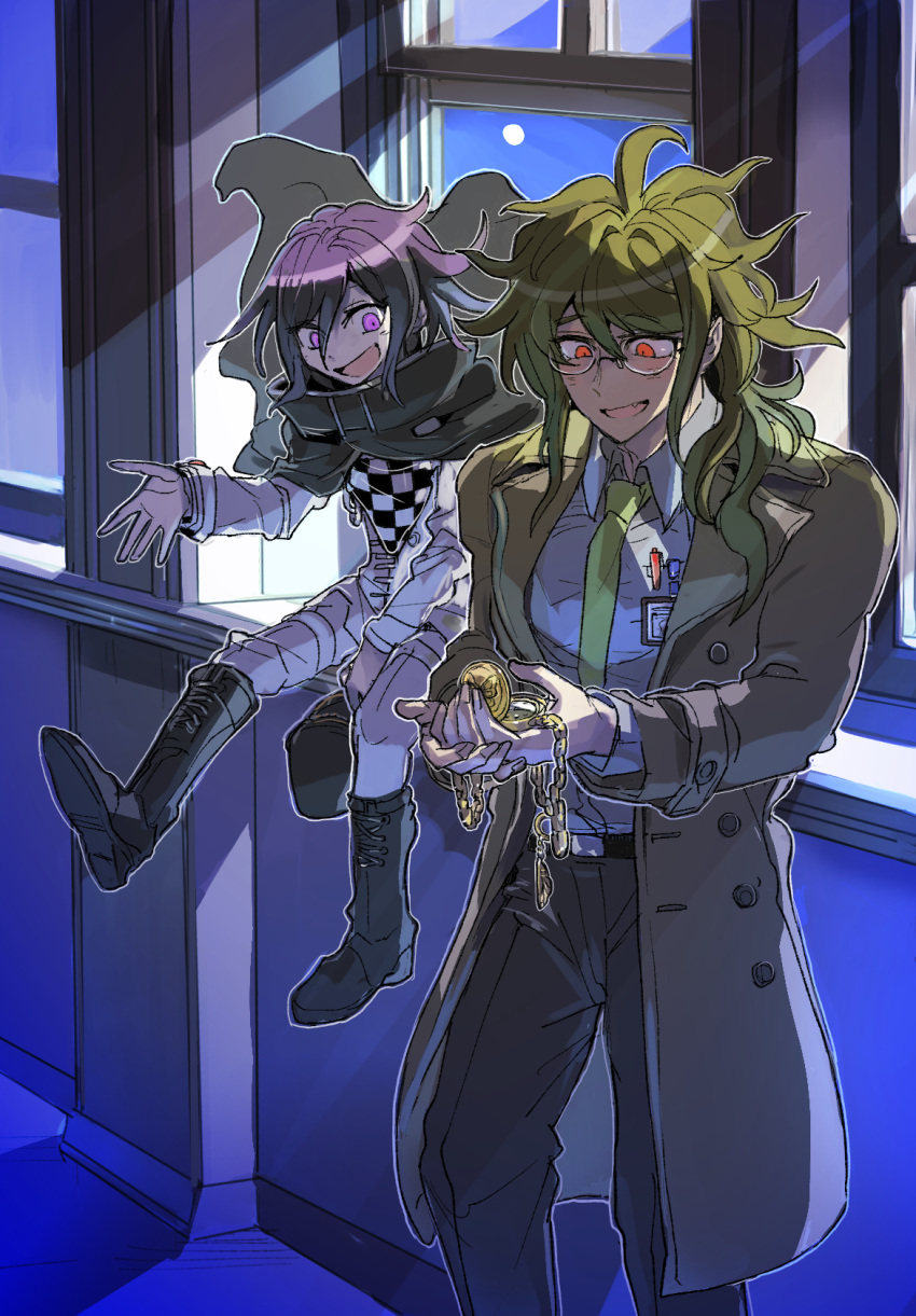 Safebooru - 2boys black boots black cape black pants boots brown coat cape checkered clothes ...