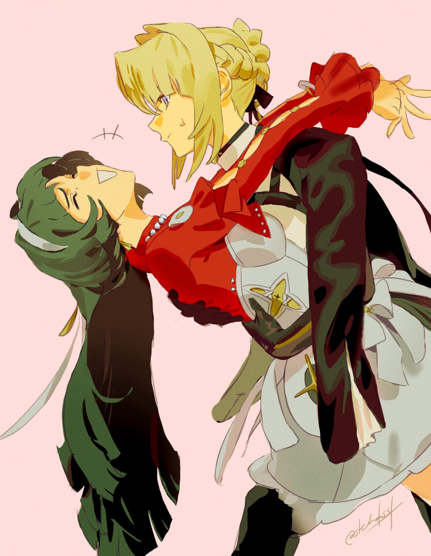 Safebooru - 2girls arm around waist astra yao black gloves black hair black jacket blonde hair ...