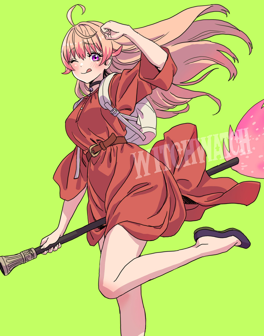 Safebooru - 1girl ;q ahoge bell belt black choker blush broom broom riding choker dojikko pose ...