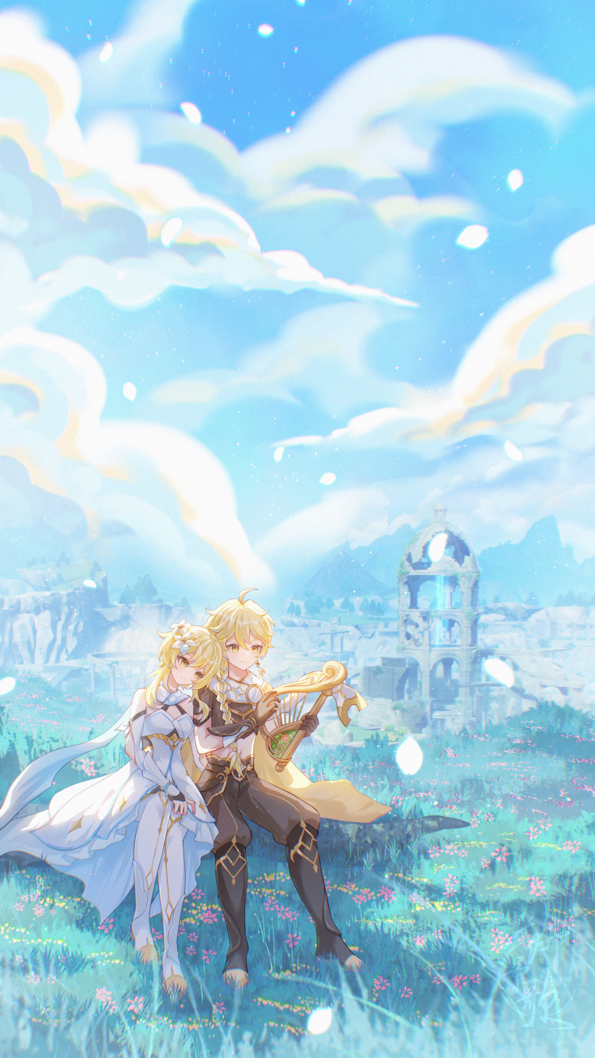 Safebooru - 1boy 1girl absurdres aether (genshin impact) ahoge aqinorz bare shoulders blonde ...