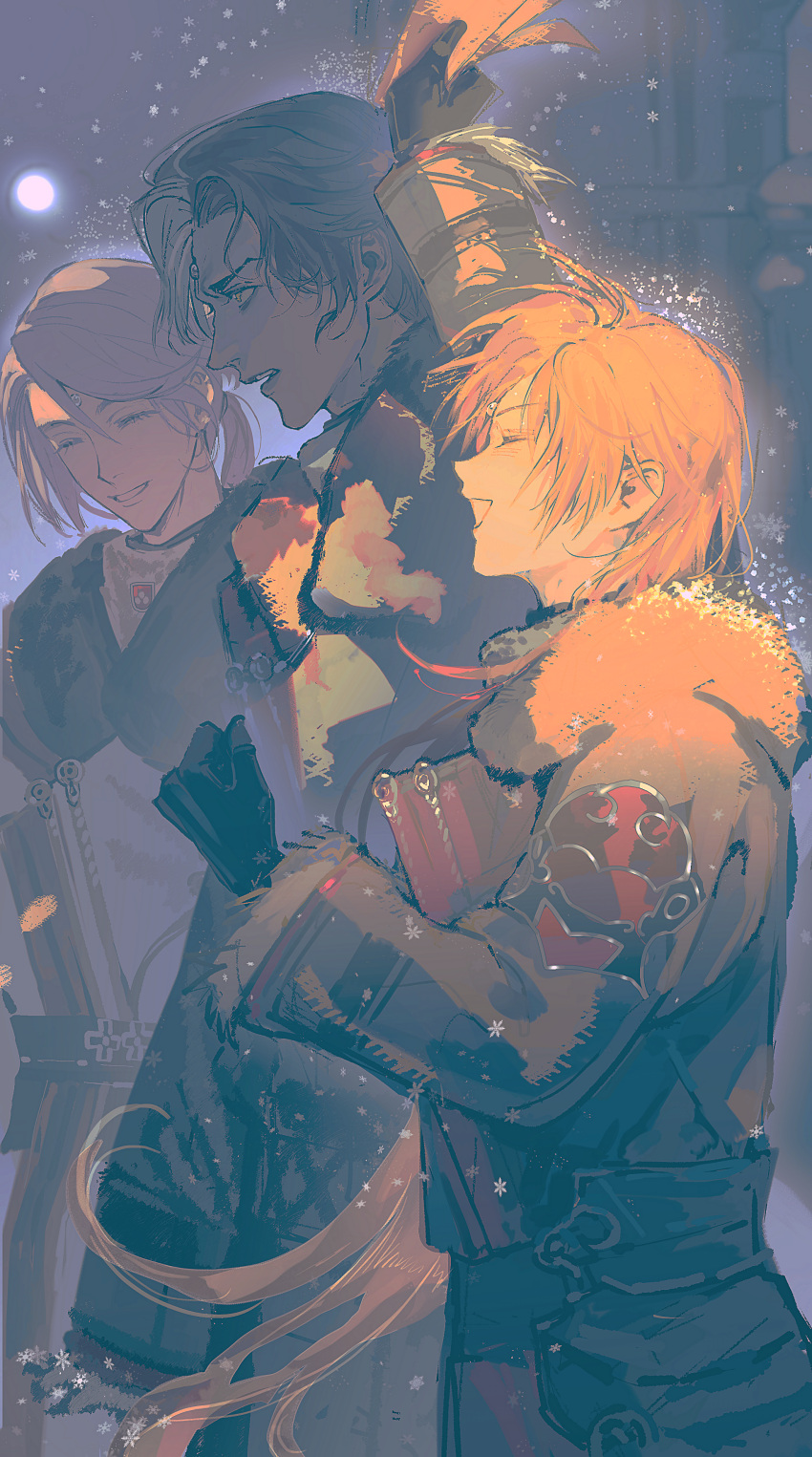 Safebooru - 1girl 2boys ^ ^ absurdres alternate costume arm up black ...