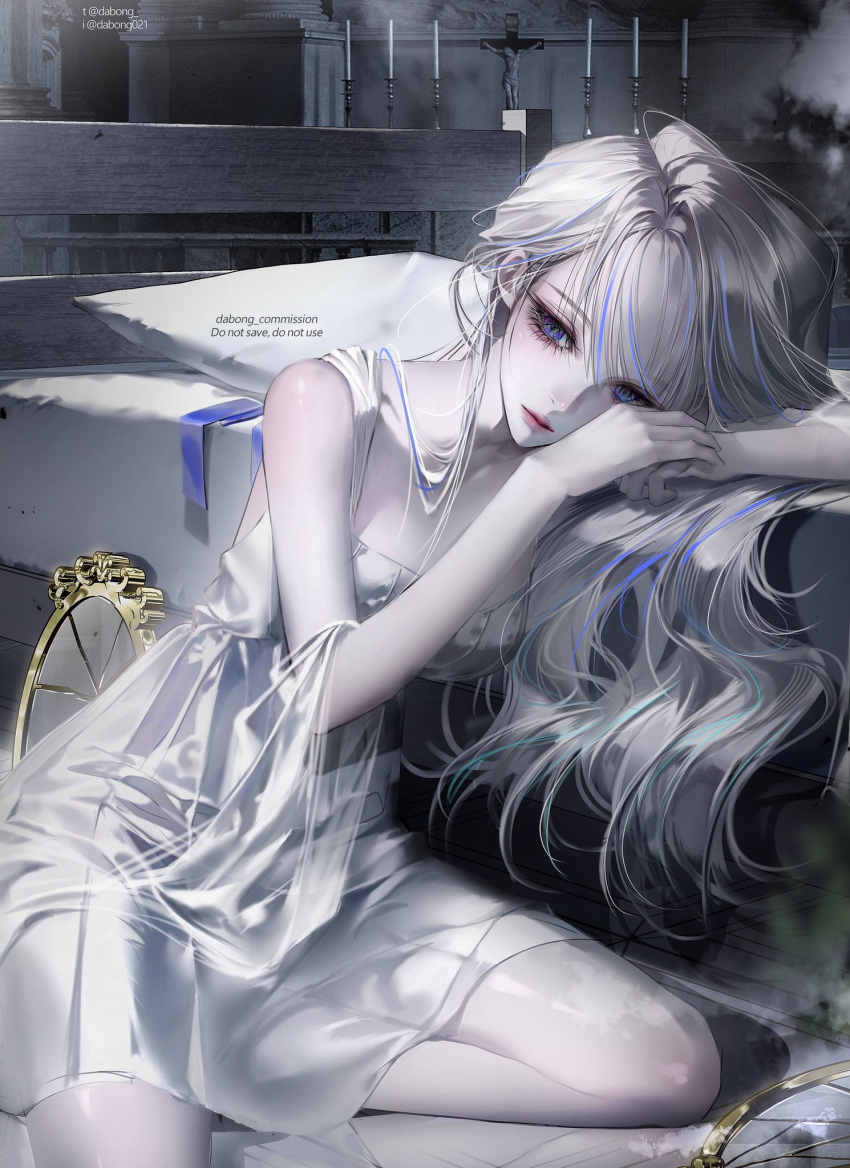 Safebooru - 1girl blue eyes blue hair closed mouth commission dabong dress eyelashes highres ...