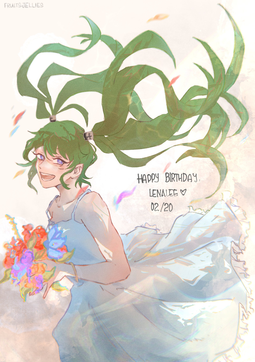 Safebooru - 1girl abstract background absurdres bare arms bare shoulders birthday blue flower ...