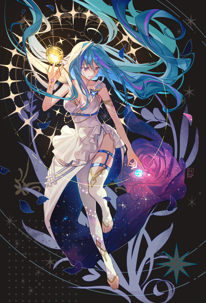 Safebooru - 1girl absurdres black background blue hair breasts commission dress flower full body ...