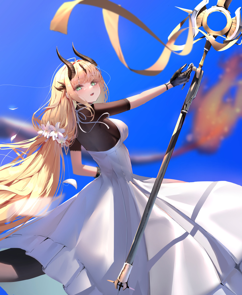 Safebooru - 1girl absurdres arknights black gloves black shirt blonde hair blue background ...
