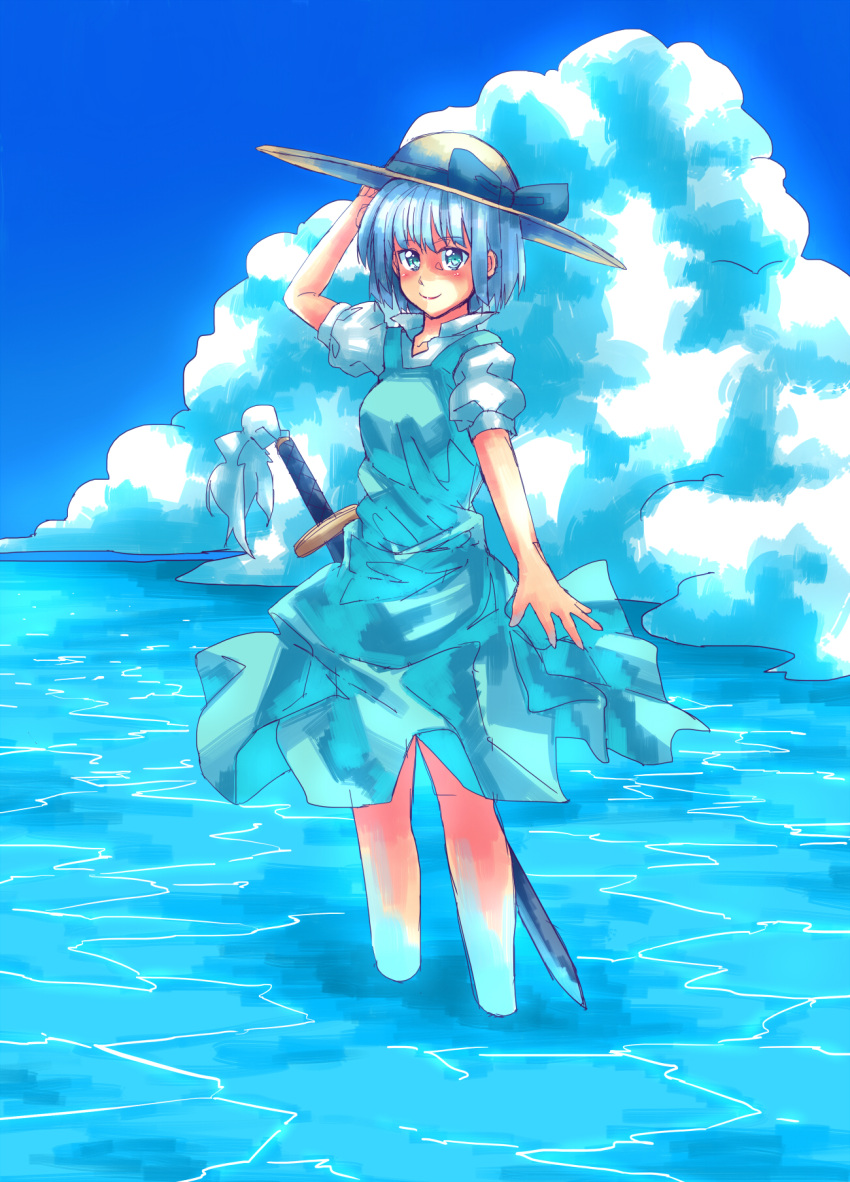 Safebooru - 1girl alternate color alternate costume blue dress blue sky blue theme clouds dress ...