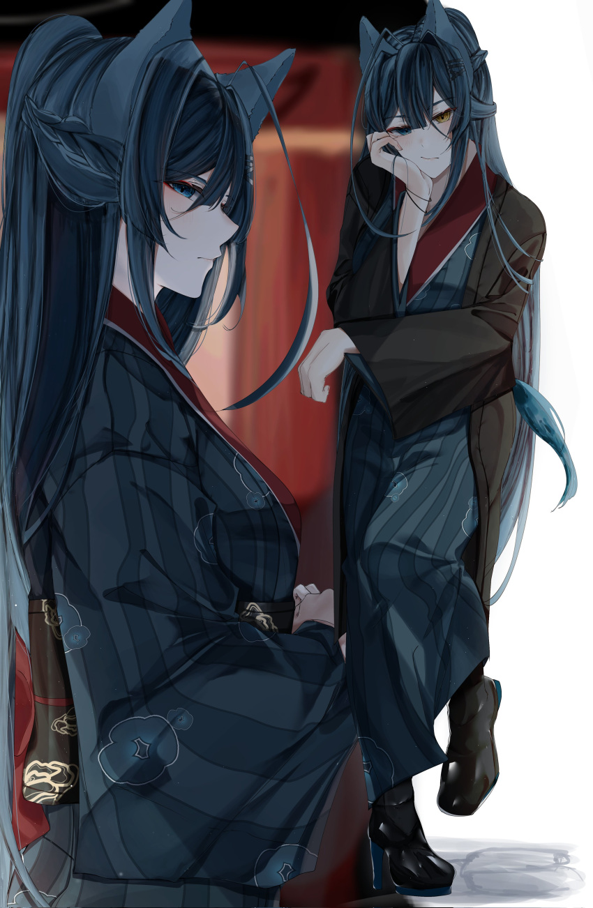 Safebooru - 1girl 4reiji absurdres animal ears black kimono black sash black shoes blue eyes ...