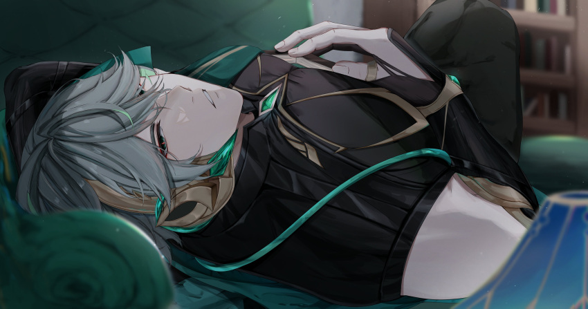 Safebooru - 1boy 4reiji absurdres alhaitham (genshin impact) arm behind head black gloves black ...