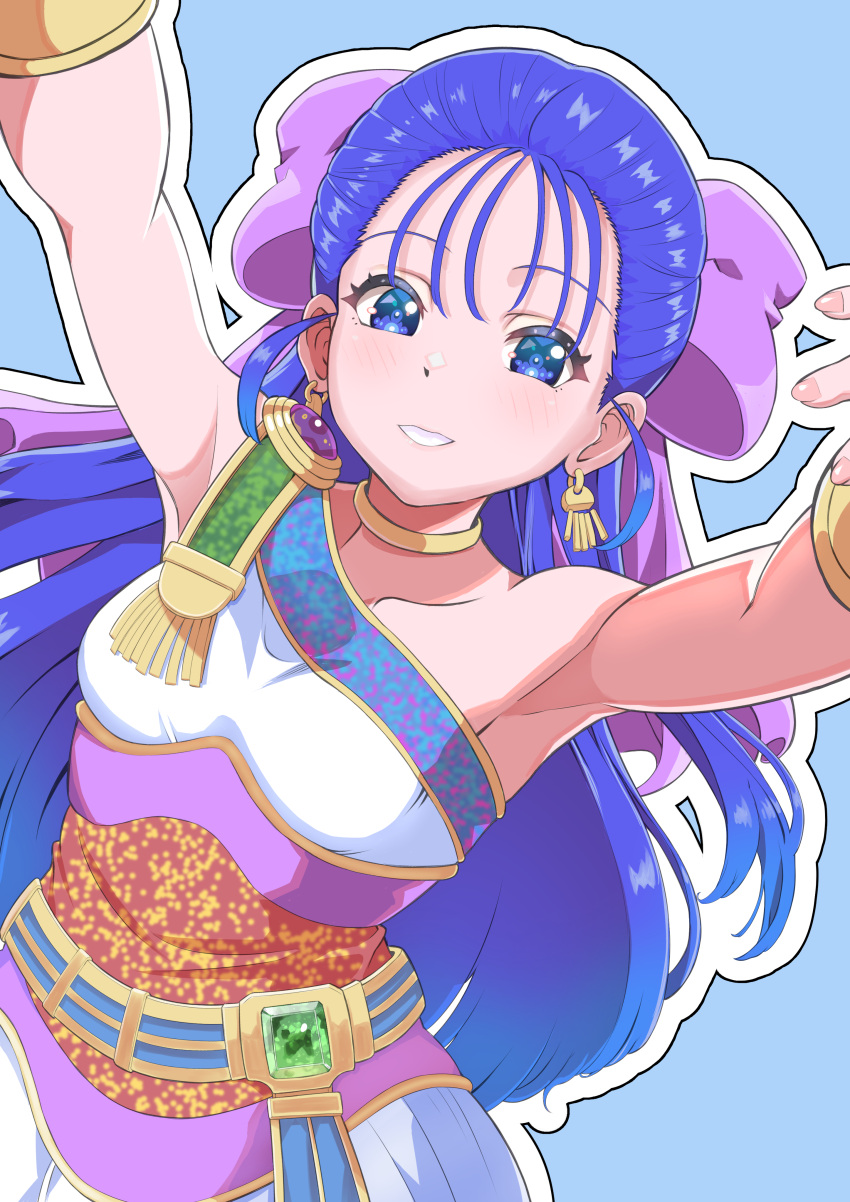 Safebooru - 1girl absurdres arms up belt blue background blue belt blue dress blue eyes blue ...