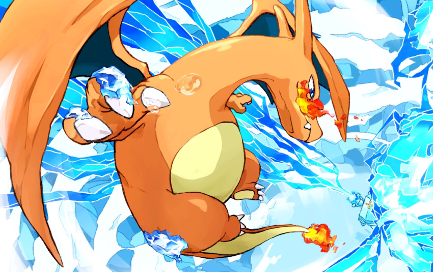 Safebooru - animal focus aomon (yuuji7604) battle charizard commentary request day fire flame ...