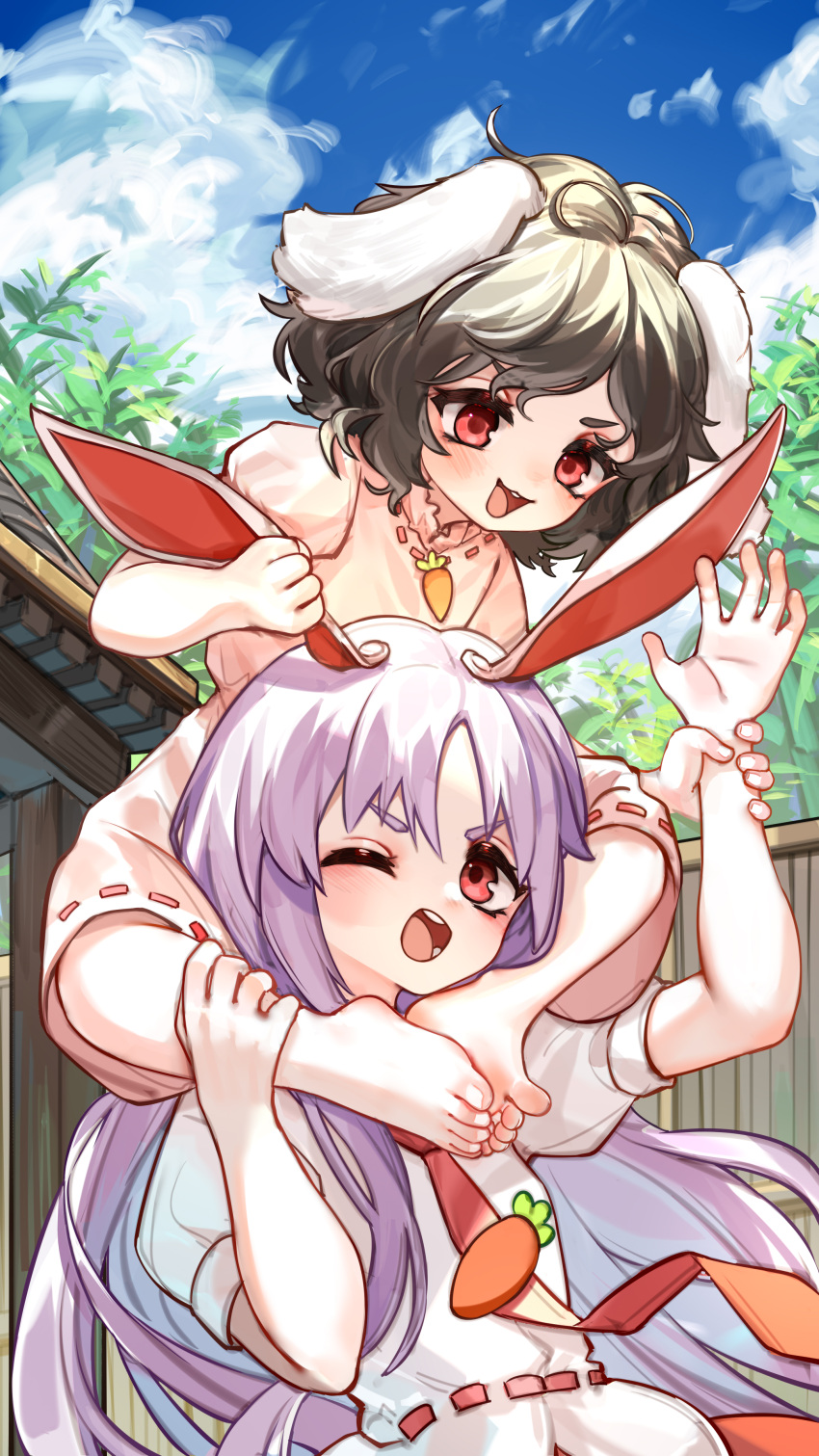 Safebooru - 2girls absurdres animal ears annoyed bamboo barefoot black hair blue sky carrying ...