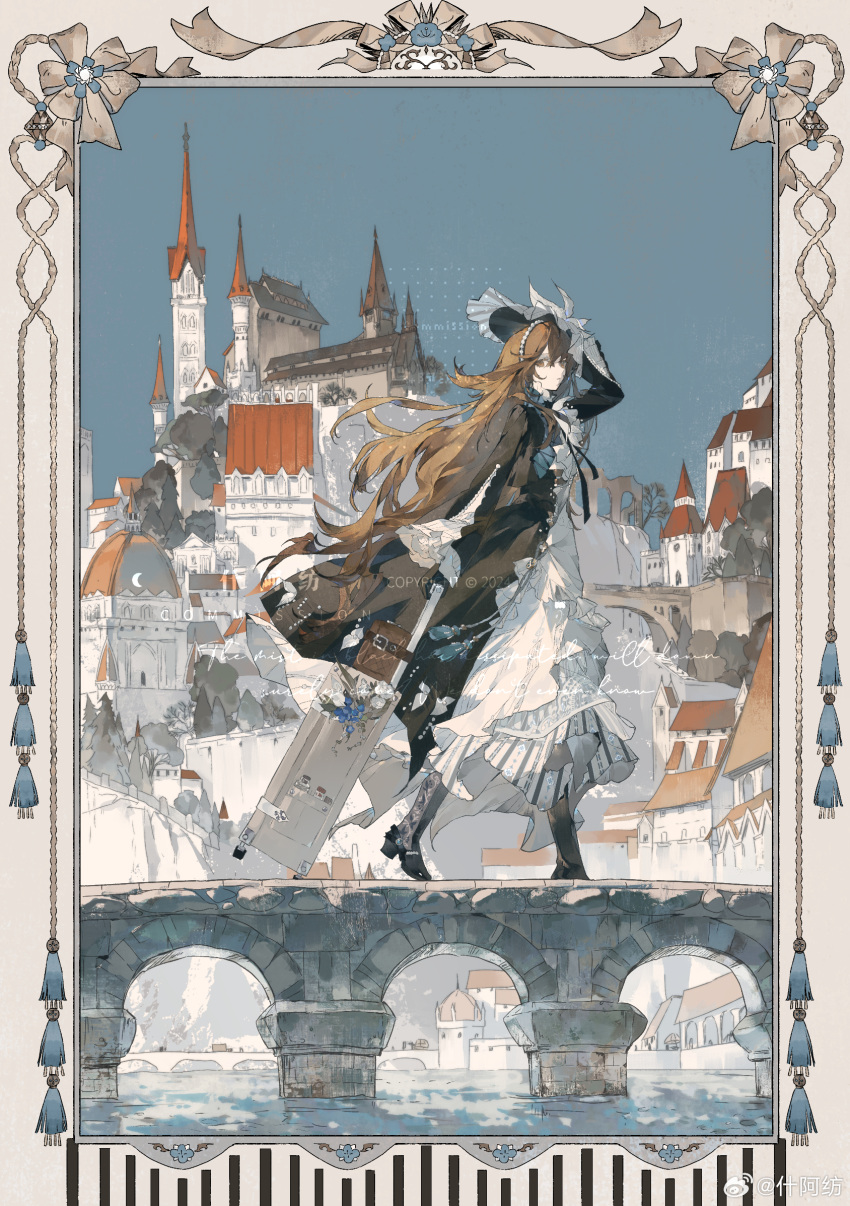 Safebooru - 1girl boots brown hair building dress frills full body hat ...