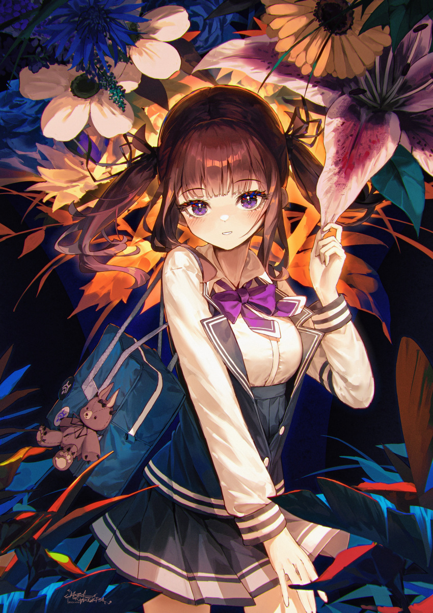 Safebooru - 1girl absurdres ap04astral bag black vest blue skirt blunt bangs blush bow bowtie ...