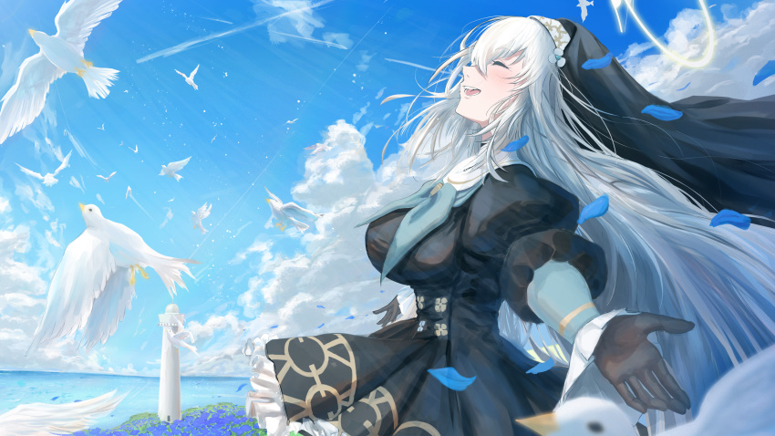 Safebooru - 1girl absurdres bird black dress black gloves black hat blue archive blue ...