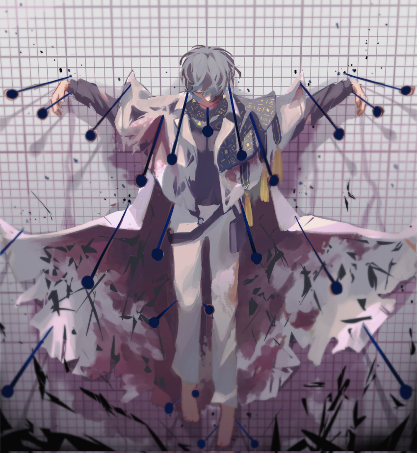 Safebooru - 1boy barefoot black shirt blue capelet blue hair blue scarf ...