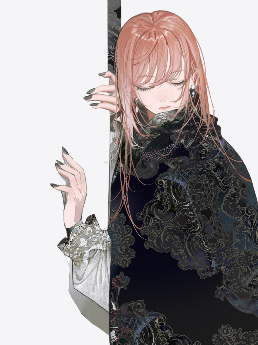 Safebooru - 1girl black nails brown hair closed eyes closed mouth commentary earrings highres ...