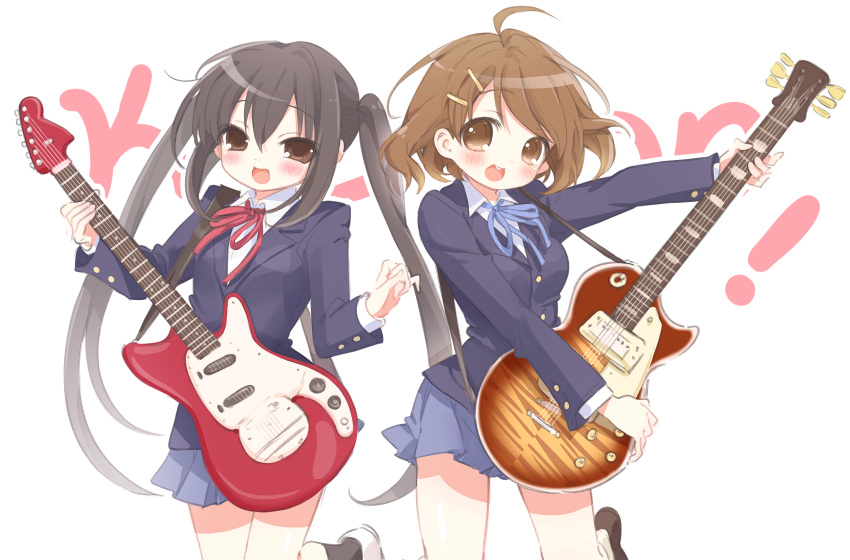 Safebooru - 2girls :d ahoge black hair blazer blush brown hair collared shirt cowboy shot dress ...