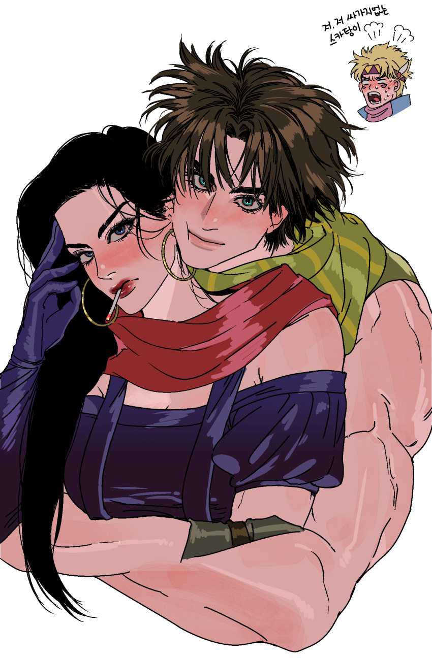 Safebooru - 1girl 2boys battle tendency blush caesar anthonio zeppeli headband highres hug hug ...