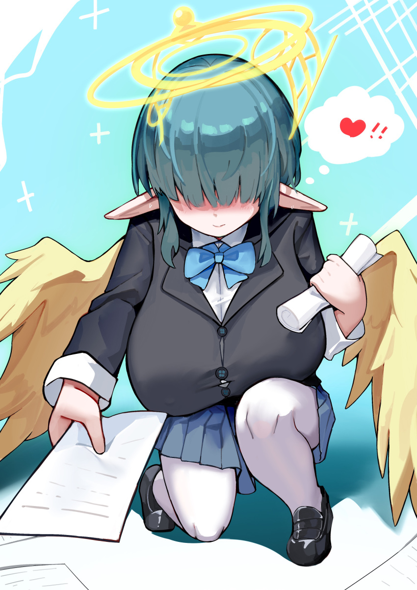 Safebooru - ! absurdres angel angel wings blue background blue bow blue hair blush bow bowtie ...